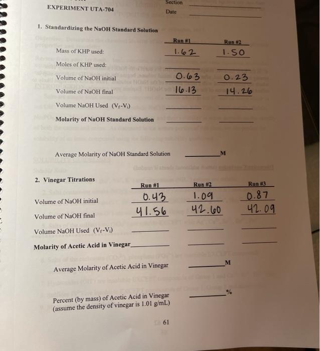 Solved Section EXPERIMENT UTA-704 Date 1. Standardizing the | Chegg.com