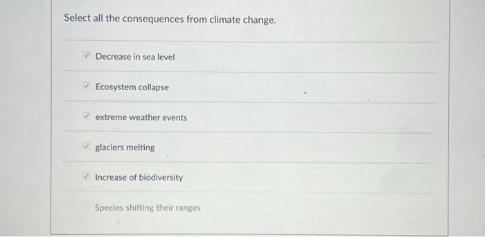 Solved Select all the consequences from climate change. | Chegg.com