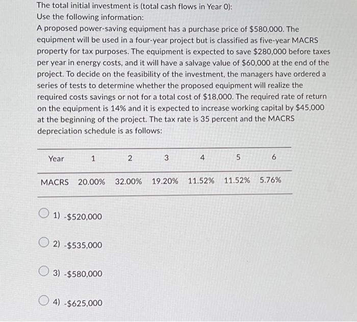 Solved The total initial investment is (total cash flows in | Chegg.com