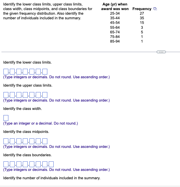 Solved Identify the lower class limits, ﻿upper class | Chegg.com
