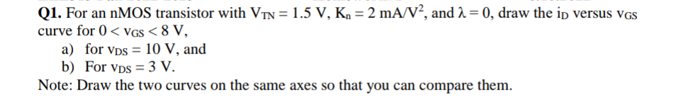 Solved Q1. For an nMOS transistor with VTN=1.5 V, Kn=2 | Chegg.com