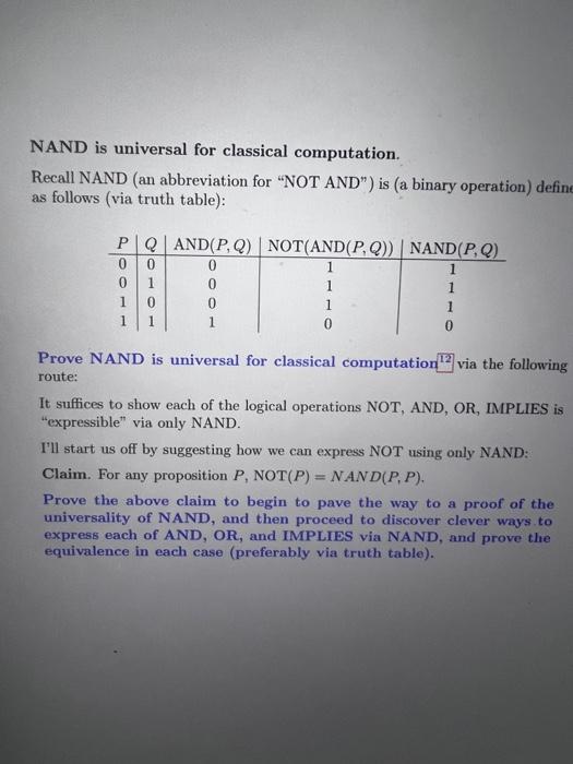 Solved NAND is universal for classical computation. Recall | Chegg.com