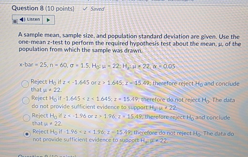 Solved Question 8 (10 points) Saved Listen A sample mean, | Chegg.com
