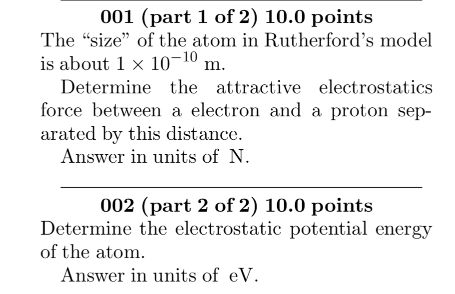 Solved 001 (part 1 ﻿of 2) 10.0 ﻿pointsThe "size" of the atom | Chegg.com