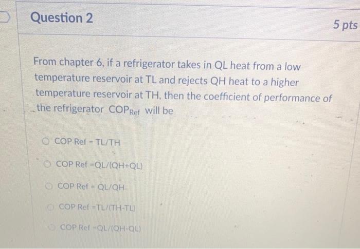Solved From chapter 6 , if a refrigerator takes in QL heat | Chegg.com