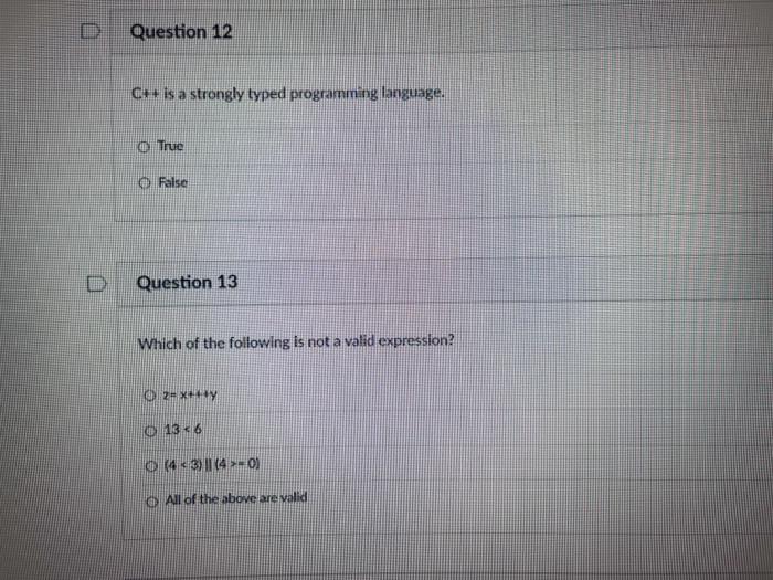 Solved D Question 12 C++ is a strongly typed programming | Chegg.com
