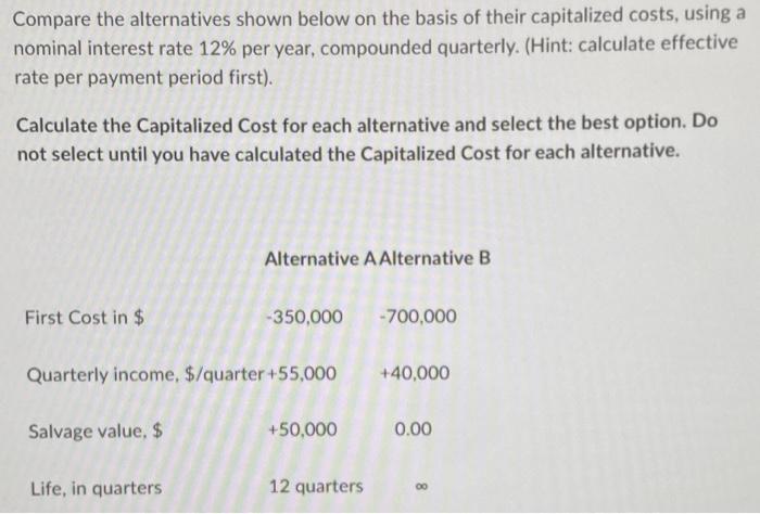 Solved Compare the alternatives shown below on the basis of | Chegg.com
