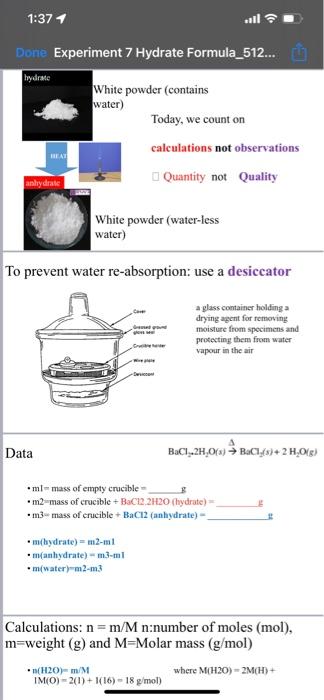 Solved 1:37 1 Done Experiment 7 Hydrate Formula_512... | Chegg.com