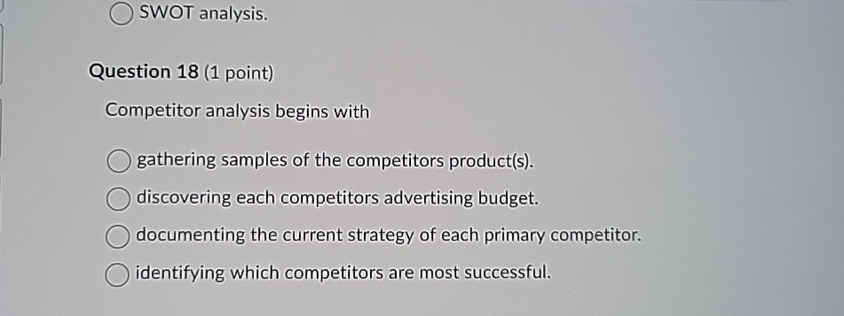 Solved SWOT analysis.Question 18 (1 ﻿point)Competitor | Chegg.com
