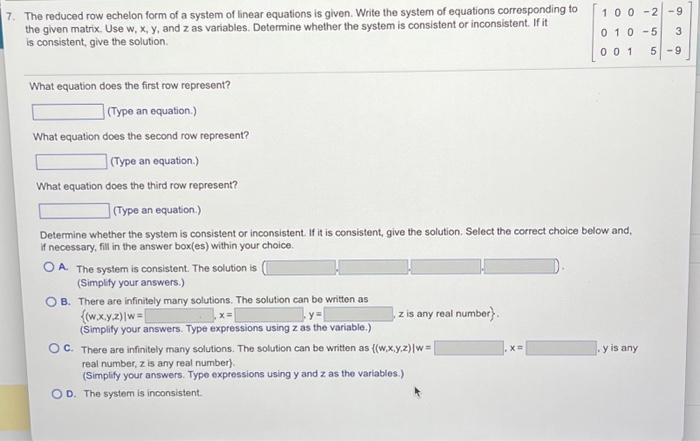 Solved The reduced row echelon form of a system of linear | Chegg.com