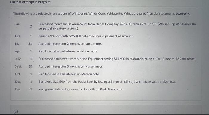 Solved The following are selected transactions of Whispering | Chegg.com