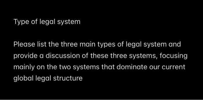 Solved Type of legal system Please list the three main types | Chegg.com