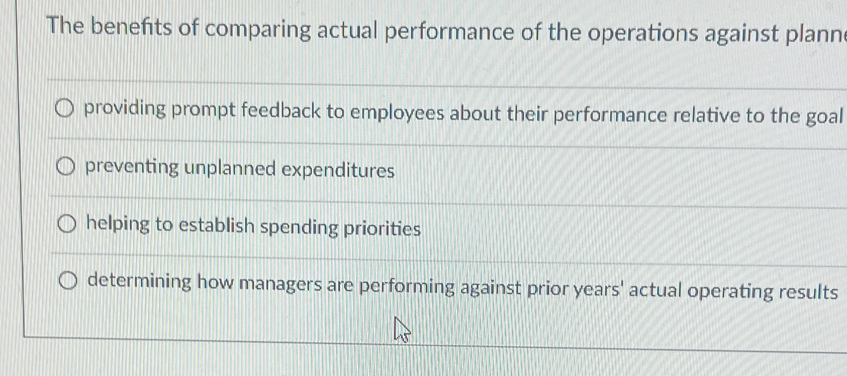 Solved The benefits of comparing actual performance of the | Chegg.com