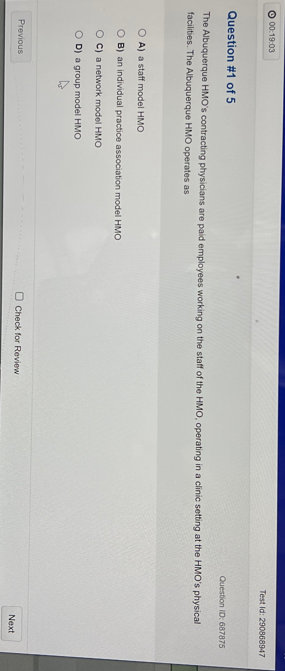 Solved Test Id: 290868947Question #1 ﻿of 5Question ID: | Chegg.com