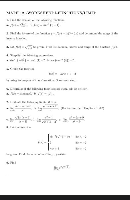Solved MATH 121-WORKSHEET I-FUNCTIONS/LIMIT 1. Find the | Chegg.com