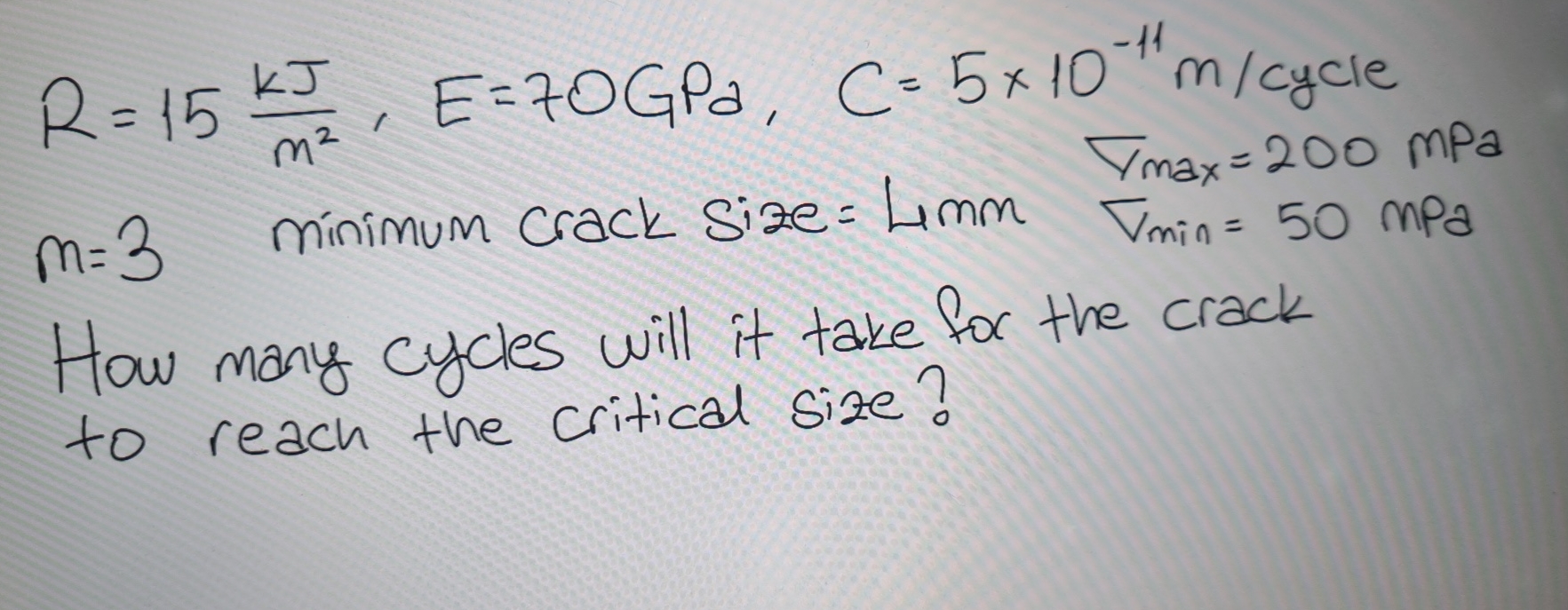 Solved R=15(kJ)m2,E=70GPd,C=5×10-11mcyclem=3 ﻿minimum crack | Chegg.com
