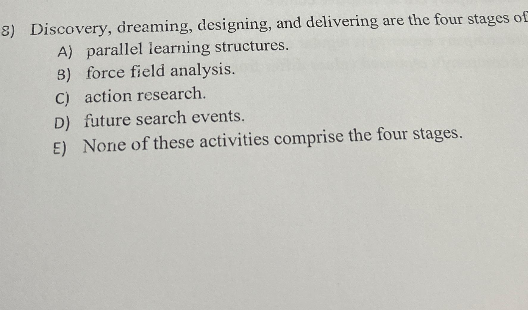Solved Discovery, dreaming, designing, and delivering are | Chegg.com