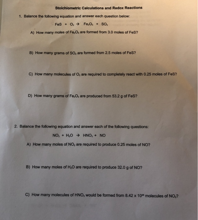 Solved Stoichiometric Calculations and Redox Reactions 1. | Chegg.com