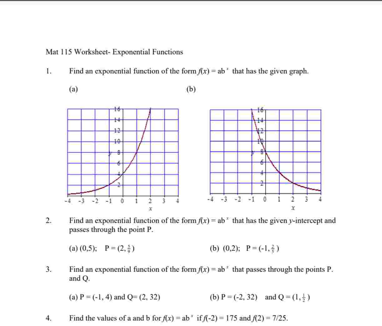 Solved Mat 115 ﻿Worksheet- ﻿Exponential FunctionsFind an | Chegg.com