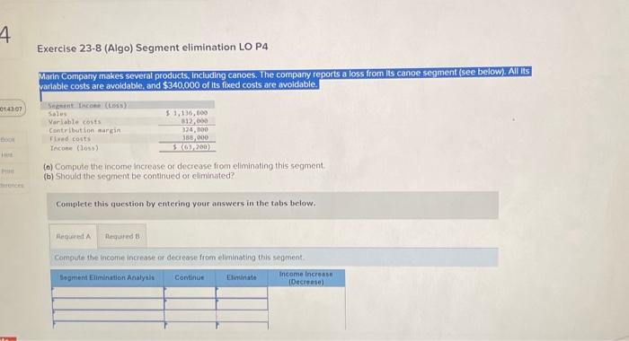 Solved Exercise 23-8 (Algo) Segment elimination LO P4 Marin | Chegg.com
