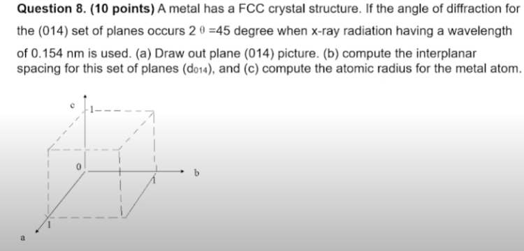 Solved Question 8. (10 ﻿points) ﻿A metal has a FCC crystal | Chegg.com