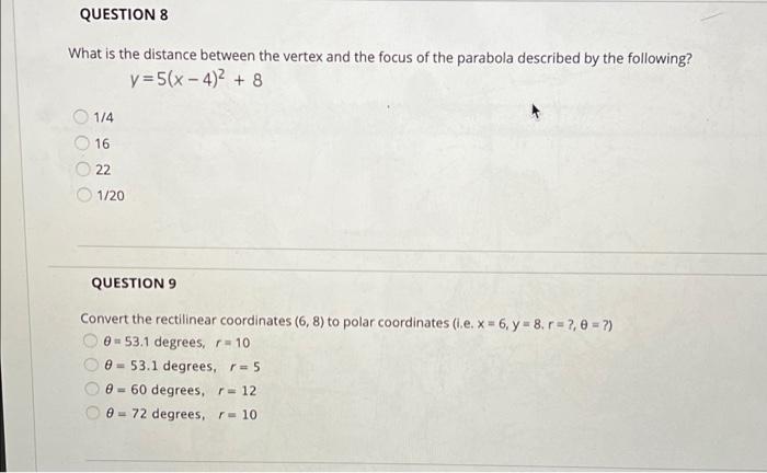 Solved QUESTION 8 What is the distance between the vertex | Chegg.com