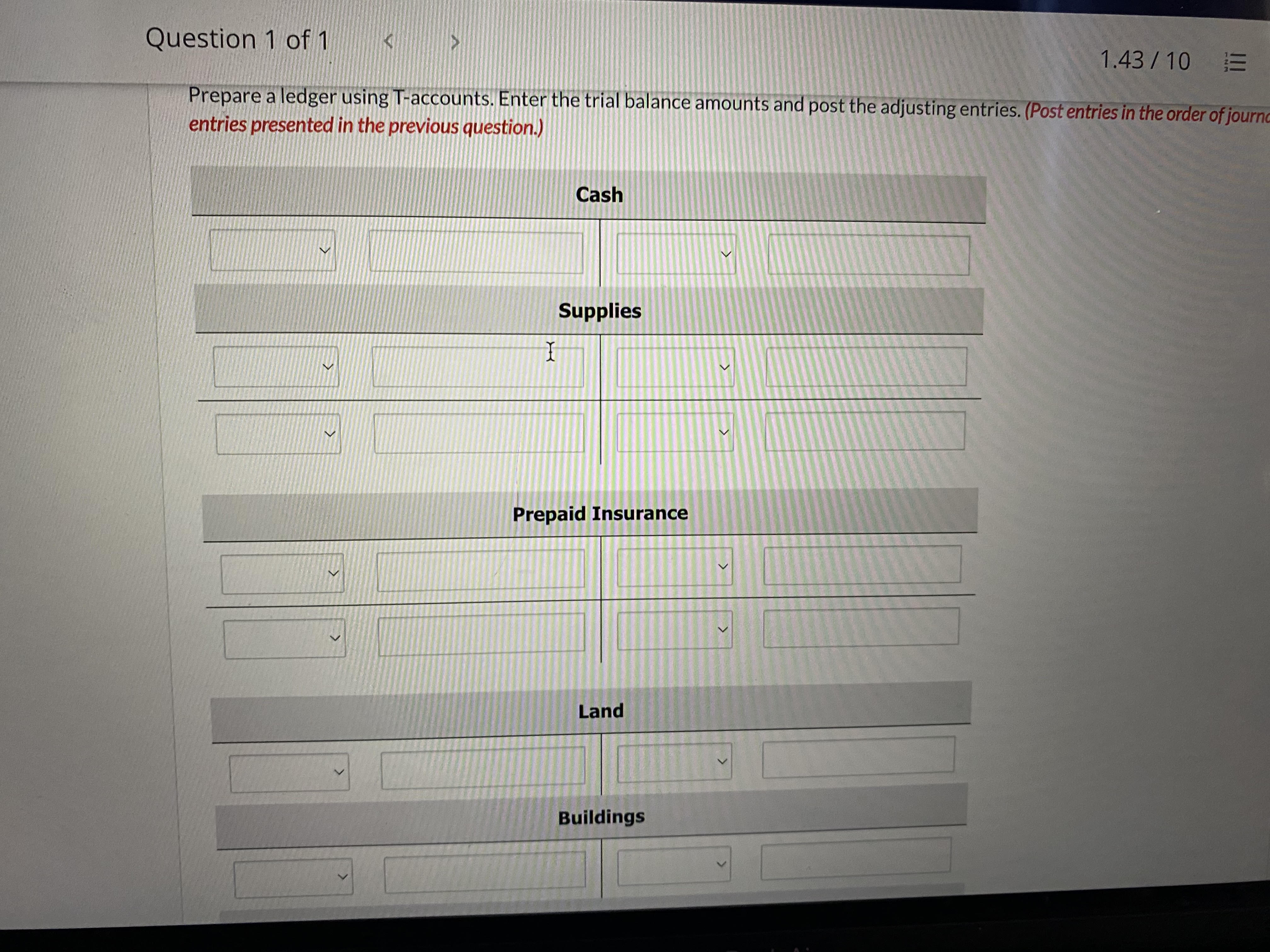 Question 1 ﻿of 1Prepare a ledger using T-accounts. | Chegg.com