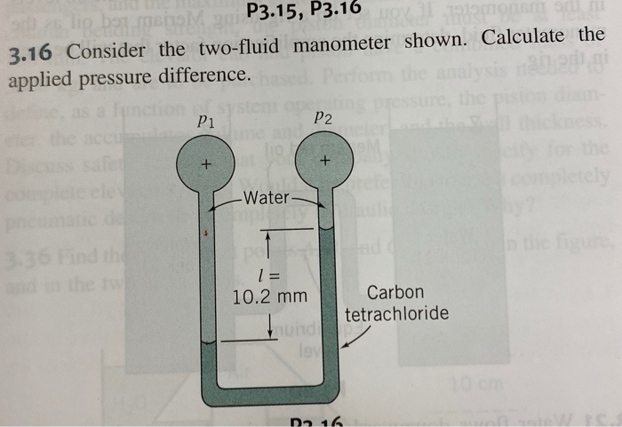 Solved P3.15, P3.16 3.16 Consider the two-fluid manometer | Chegg.com