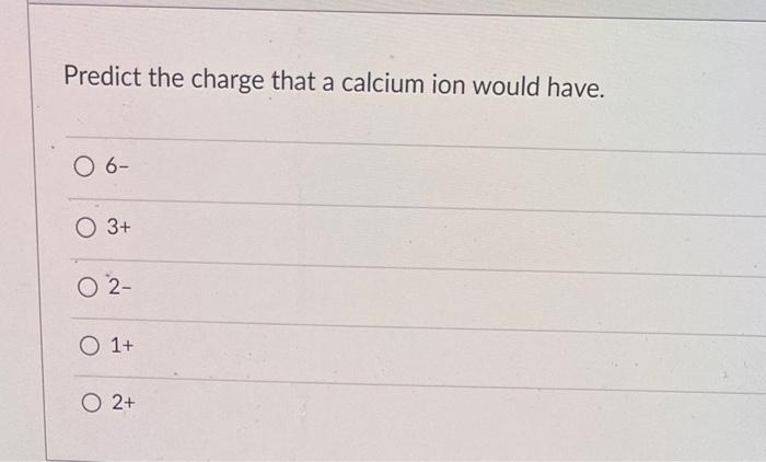 Solved Predict the charge that a calcium ion would have. 6- | Chegg.com