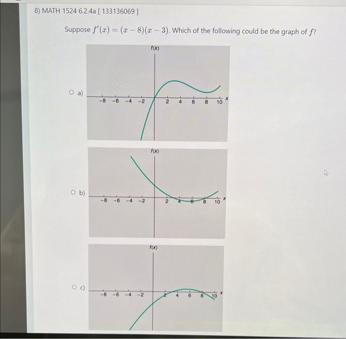 Solved Suppose f′(x)=(x−8)(x−3). Which of the following | Chegg.com