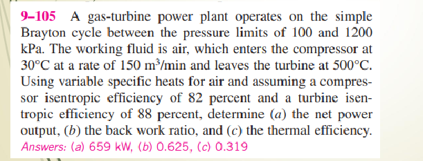 Solved 9-105 ﻿A gas-turbine power plant operates on the | Chegg.com