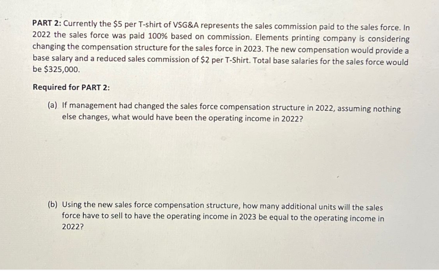 PART 2: Currently the $5 ﻿per T-shirt of VSG&A | Chegg.com