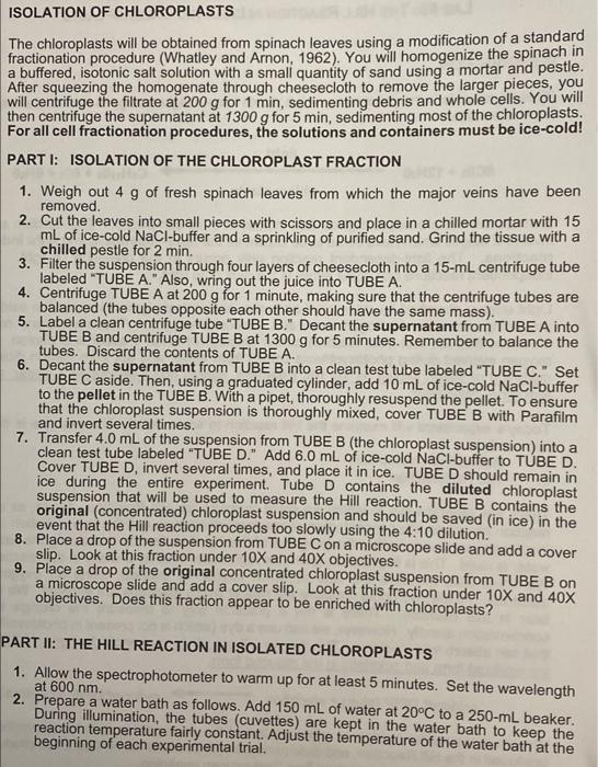Solved LAB #5: THE HILL REACTION IN ISOLATED CHLOROPLASTS | Chegg.com