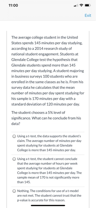 Solved 11:00 Exit The average college student in the United | Chegg.com