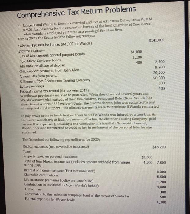 Solved Comprehensive Tax Return Problems 400 1. Lance H. and | Chegg.com