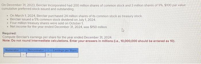 Solved On December 31, 2023, Berclair incorporated had 200 | Chegg.com
