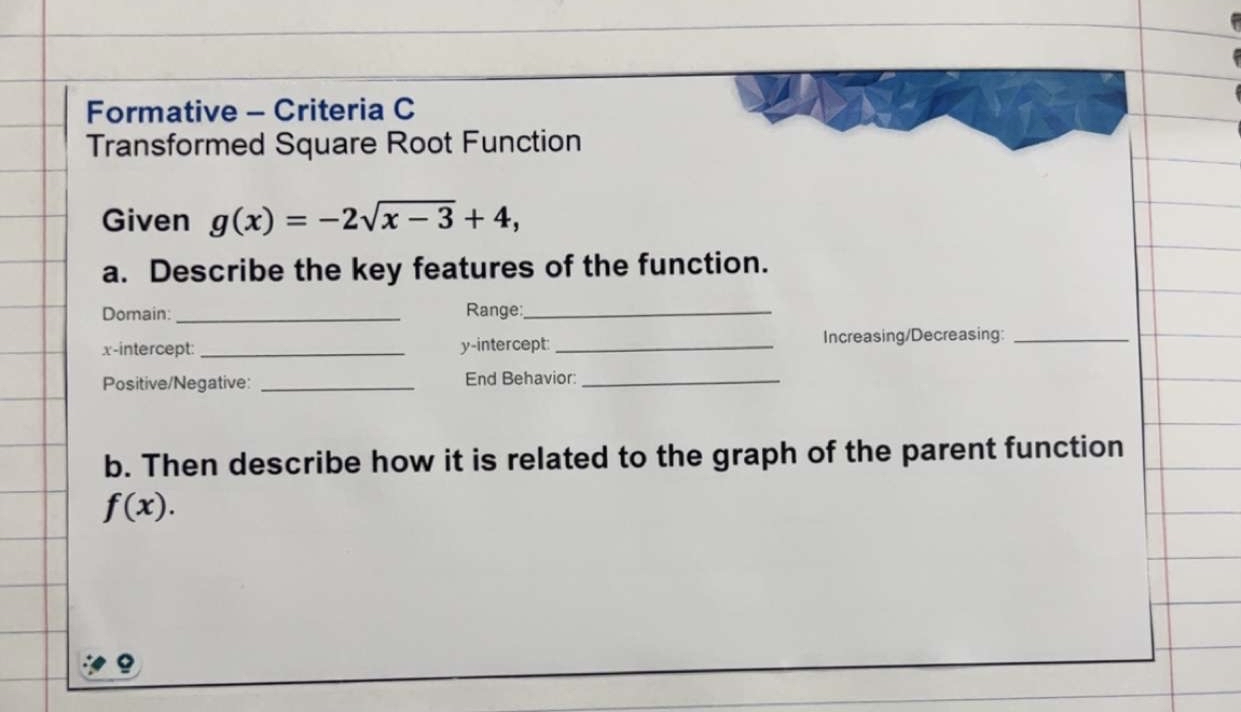 Solved Formative - ﻿Criteria CTransformed Square Root | Chegg.com
