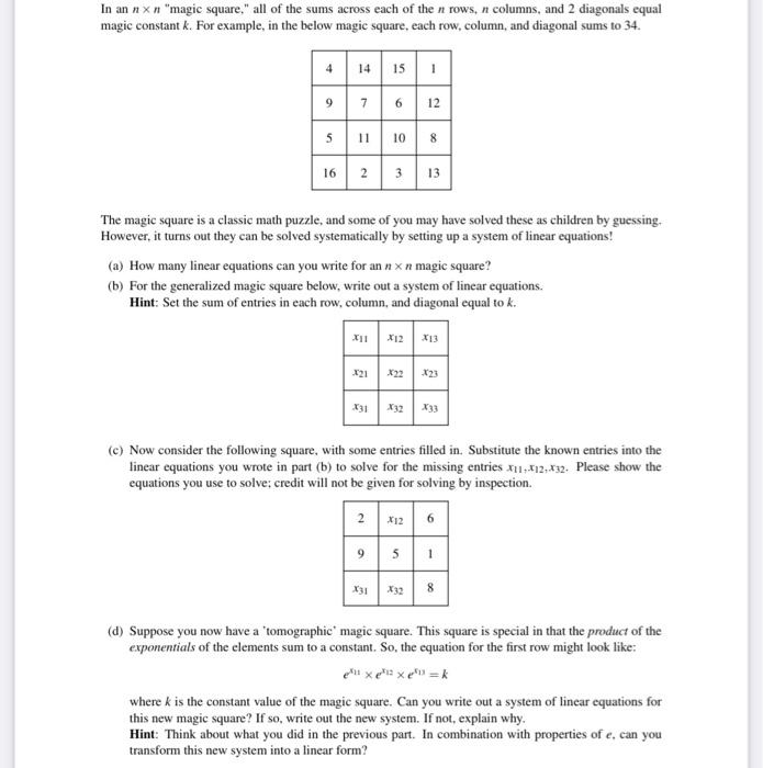 Solved In an n×n "magic square," all of the sums across each | Chegg.com