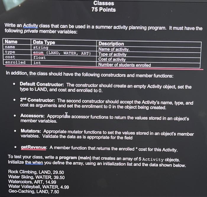 Solved Classes 75 Points Write an Activity class that can be | Chegg.com