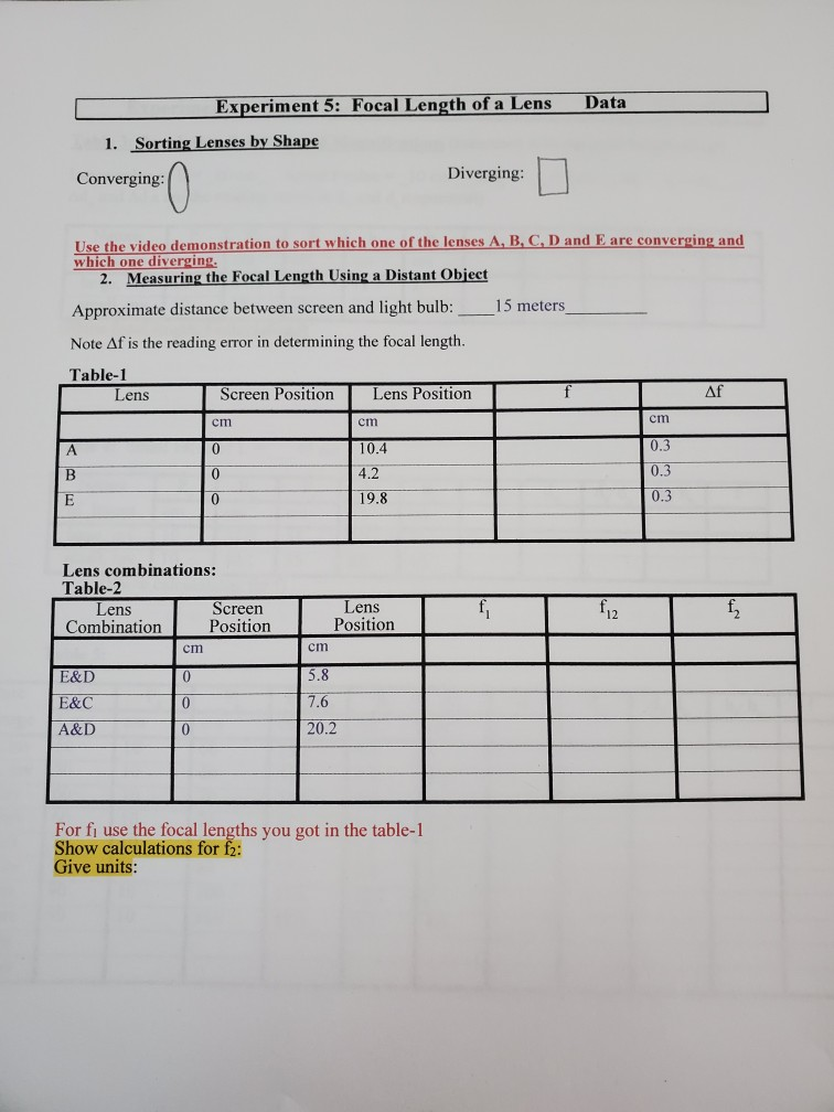 Experiment 5: Focal Length of a Lens Data 1. Sorting | Chegg.com