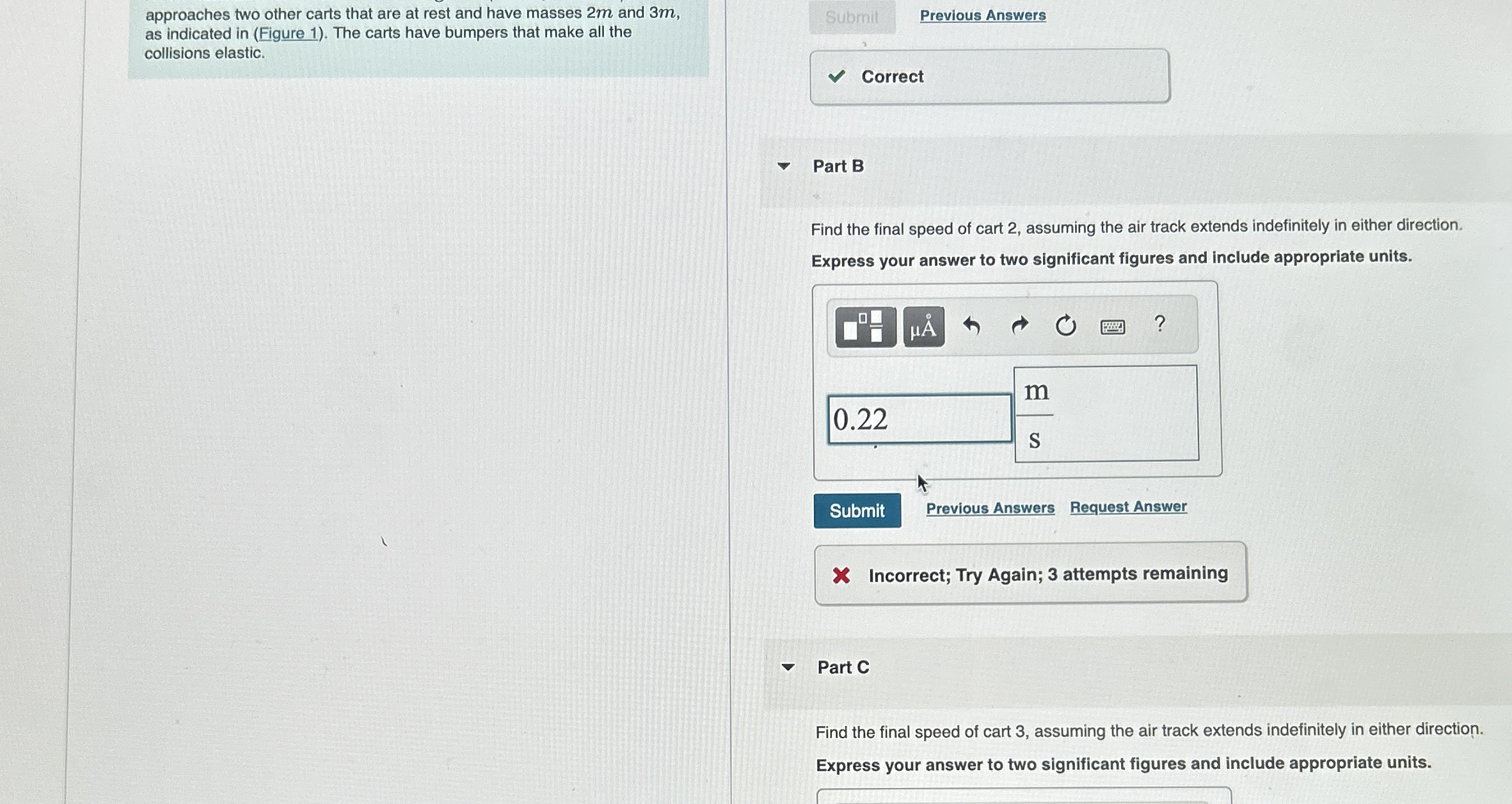 approaches two other carts that are at rest and have | Chegg.com