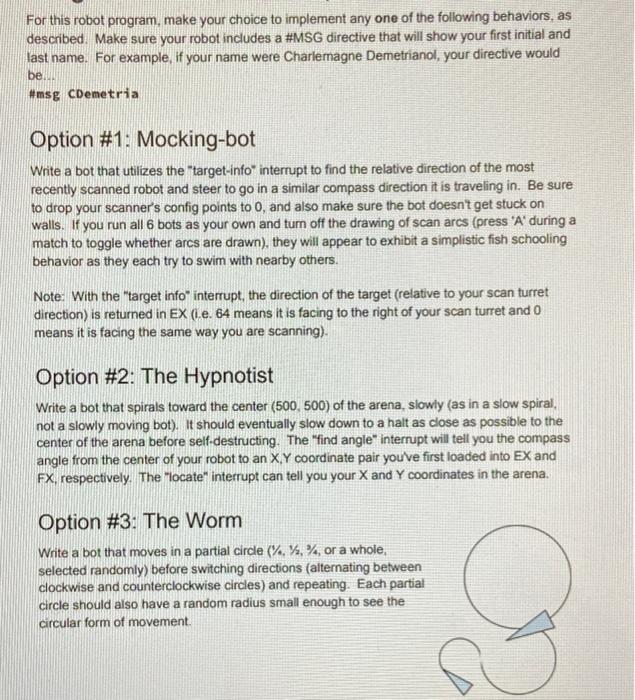 Solved For this robot program, make your choice to implement | Chegg.com