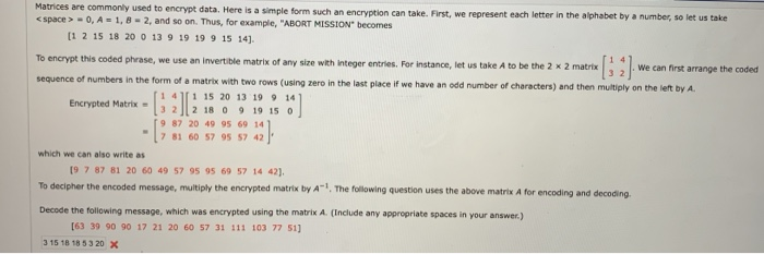 Solved matrices are commonly used to encrypt data here is a | Chegg.com