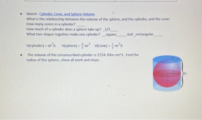 Solved Comparing Spheres and CvlindersFind the volume for 3 | Chegg.com