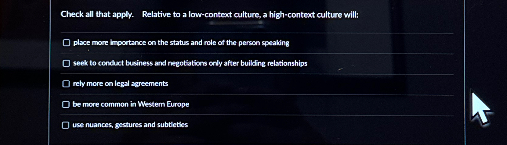 Solved Check all that apply. Relative to a low-context | Chegg.com