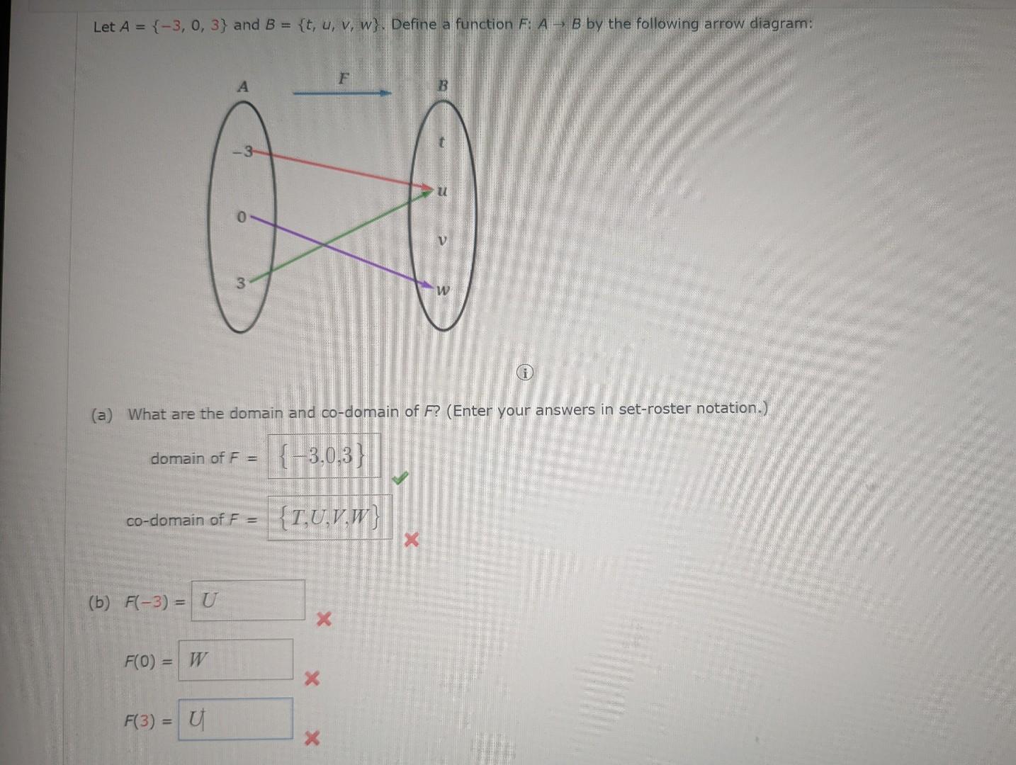 Solved Let A={−3,0,3} and B={t,u,v,w}. Define a function | Chegg.com