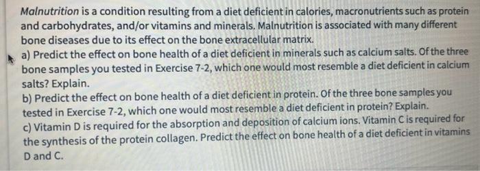 Solved Malnutrition is a condition resulting from a diet | Chegg.com