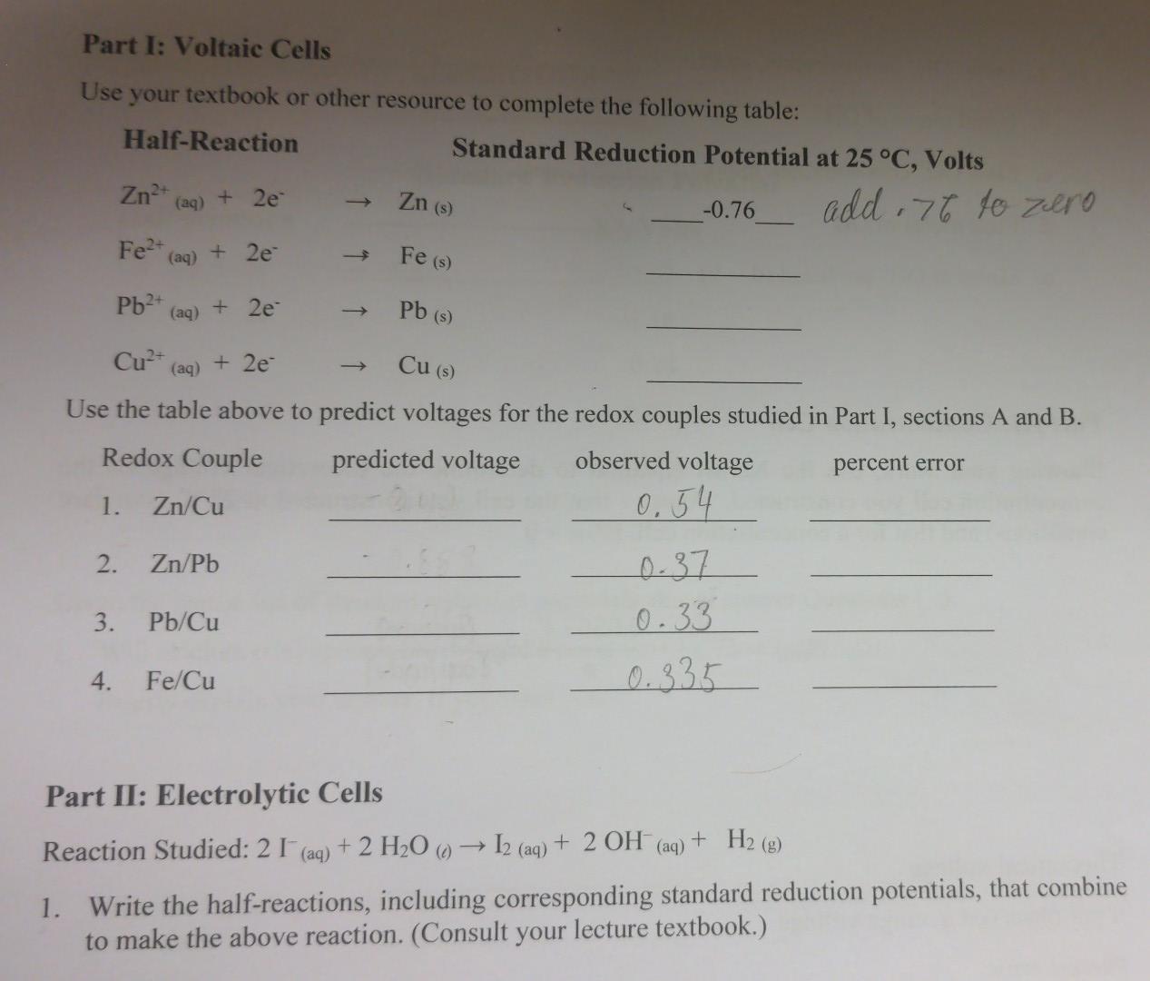 Solved Part I: Voltaic Cells Mean A. Cell Potentials Using a | Chegg.com