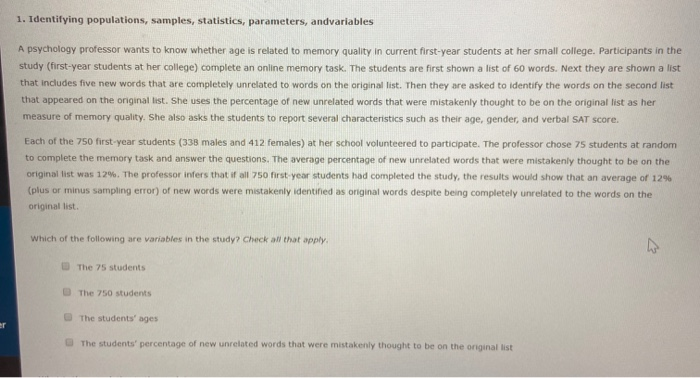 Solved 1. Identifying populations, samples, statistics, | Chegg.com