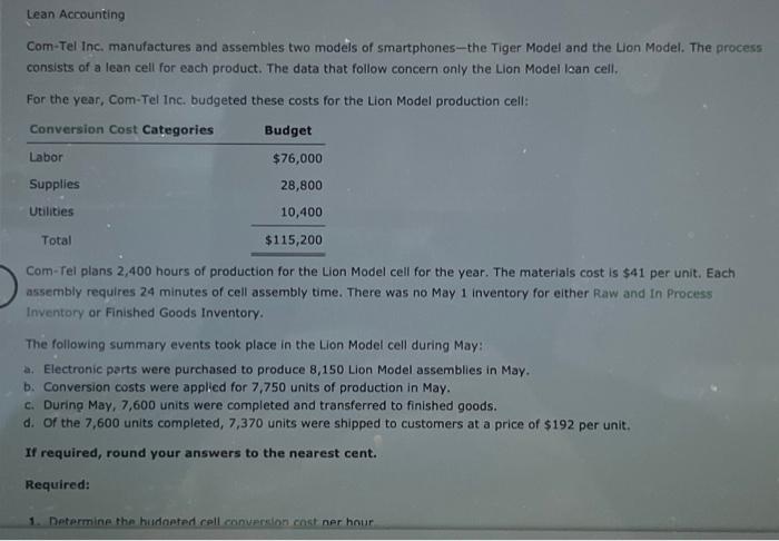 Solved Lean Accounting Com-Tel Inc. manufactures and | Chegg.com